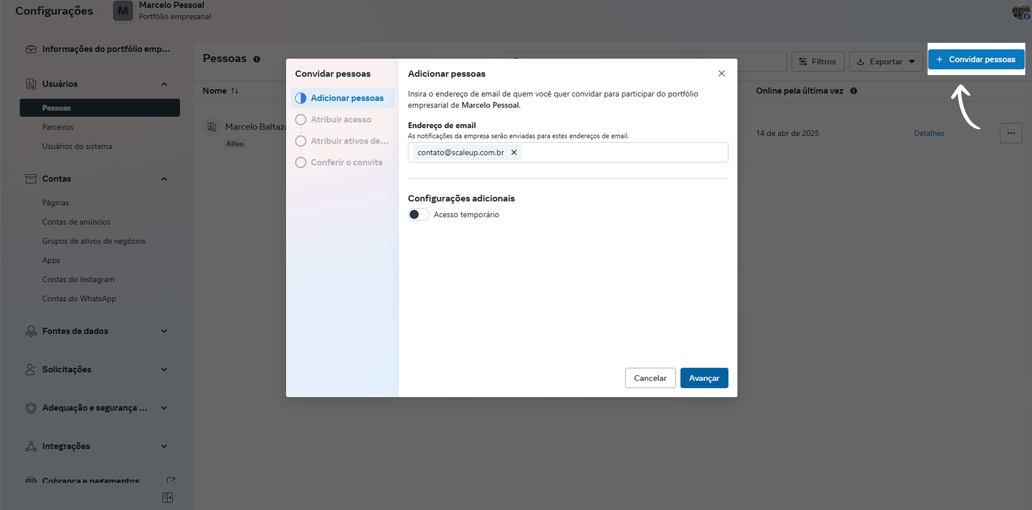 Passo a passo para adicionar um administrador à sua conta Meta